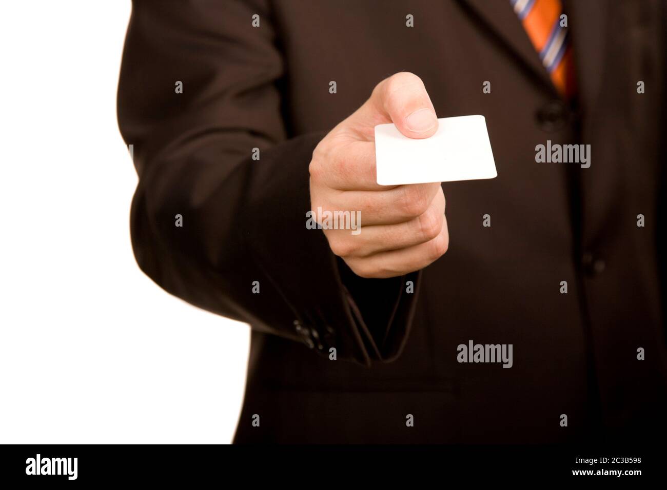 Hand of businessman offering businesscard on white background Stock ...