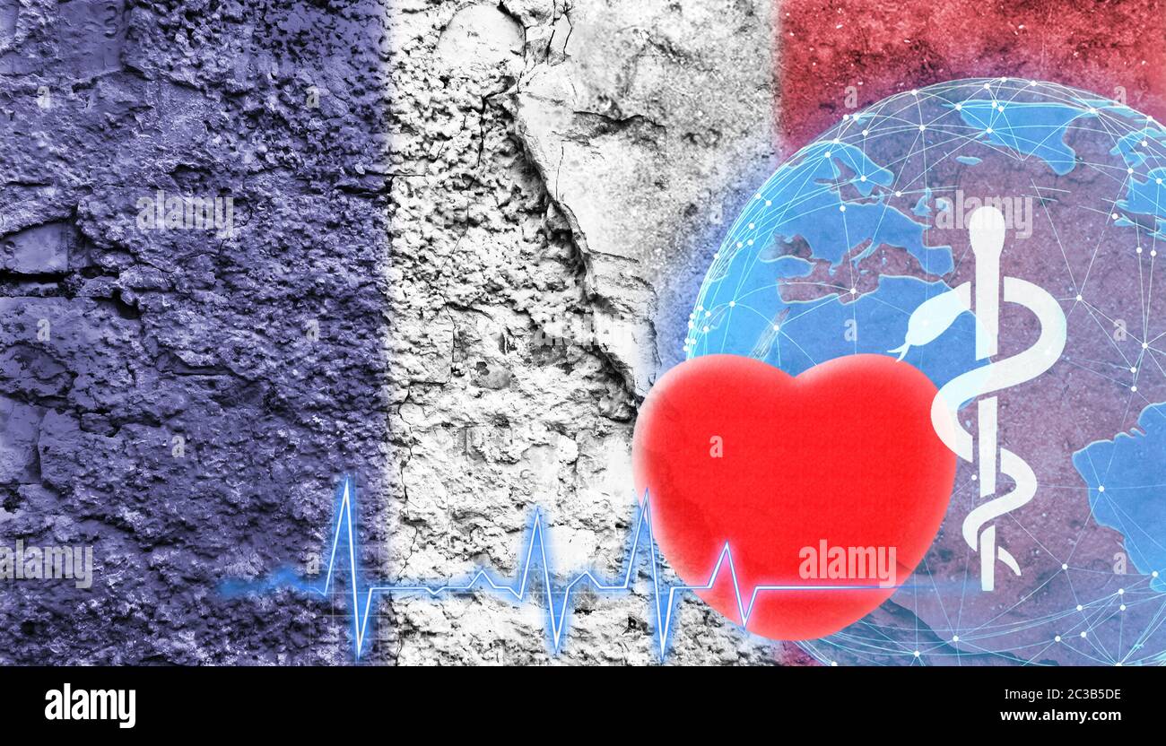 World Health Concept. The flag of France is shown on the cracked wall ...