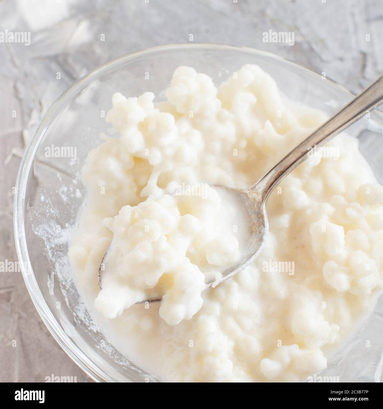 Kefir grains with a spoon close up Stock Photo - Alamy