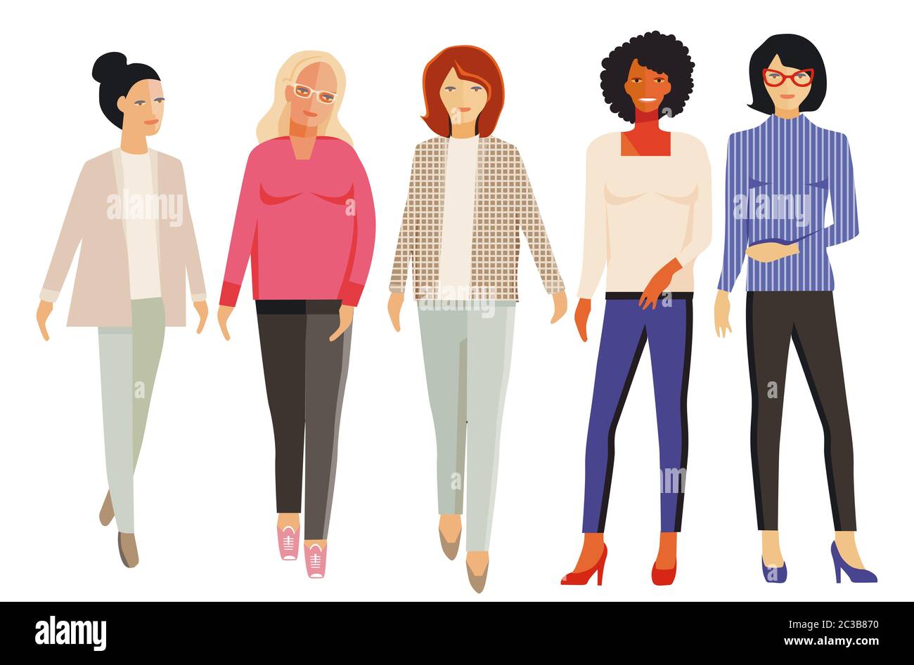 five young women stand together, group of people Stock Photo - Alamy