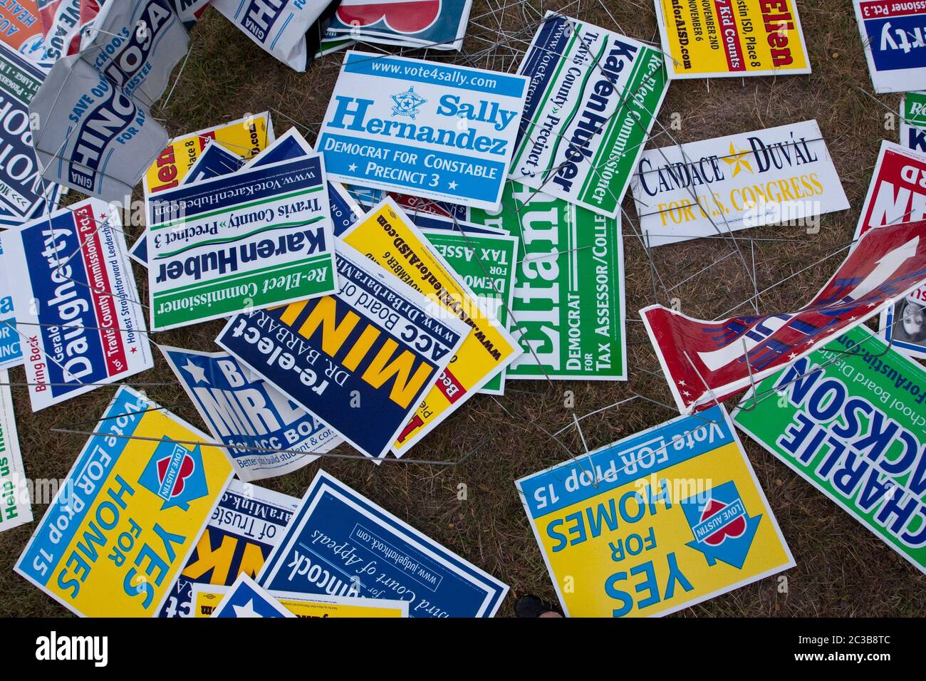 Austin, Texas USA, November 7, 2012: Pile of campaign posters and yard ...