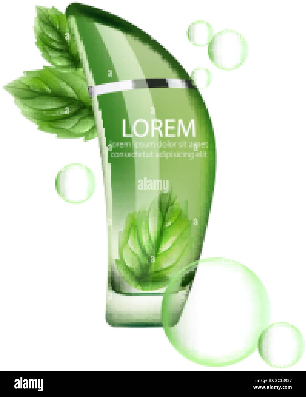 Organic green mint shower gel bottle with soap bubbles. Product ...