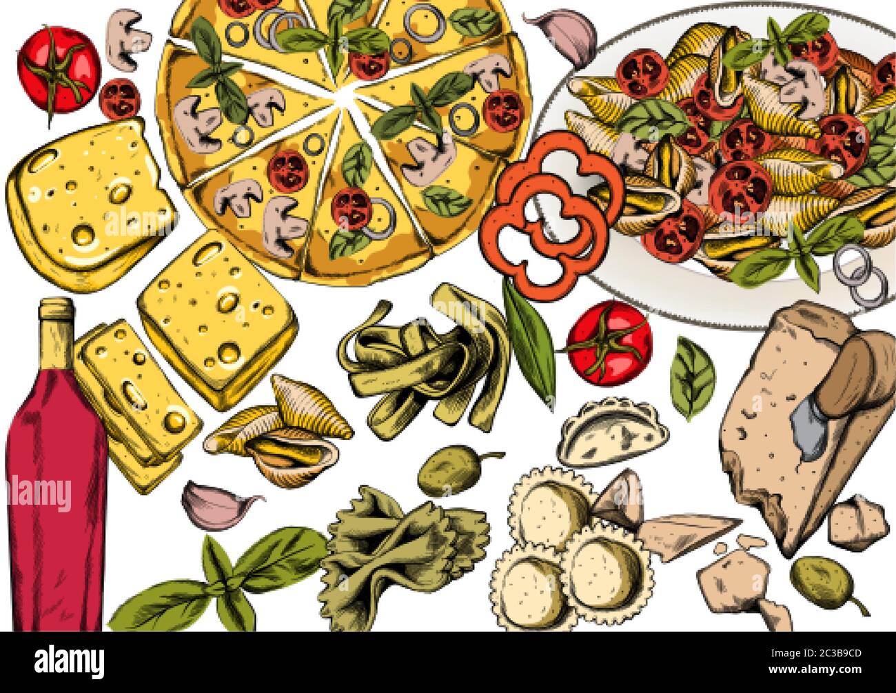 Line art italian food composition with delicious pizza, pasta with ...