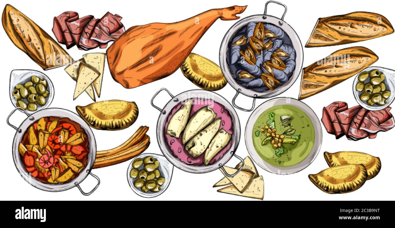 Vector set of spanish national food. Mussels, jamon bone, baguette ...