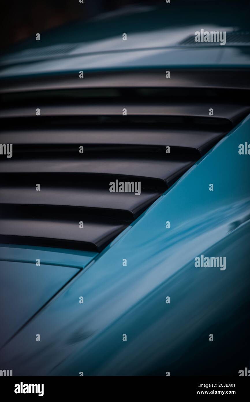 Close up shot of the rear window plastic shades of a classic vintage ...