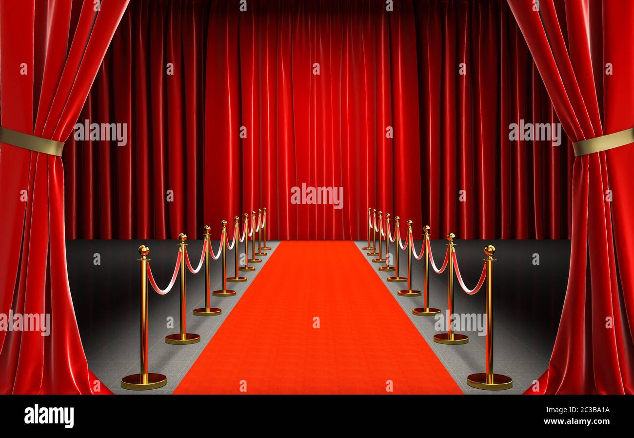 entrance of a cinema with red carpet and barriers with velvet rope, red ...