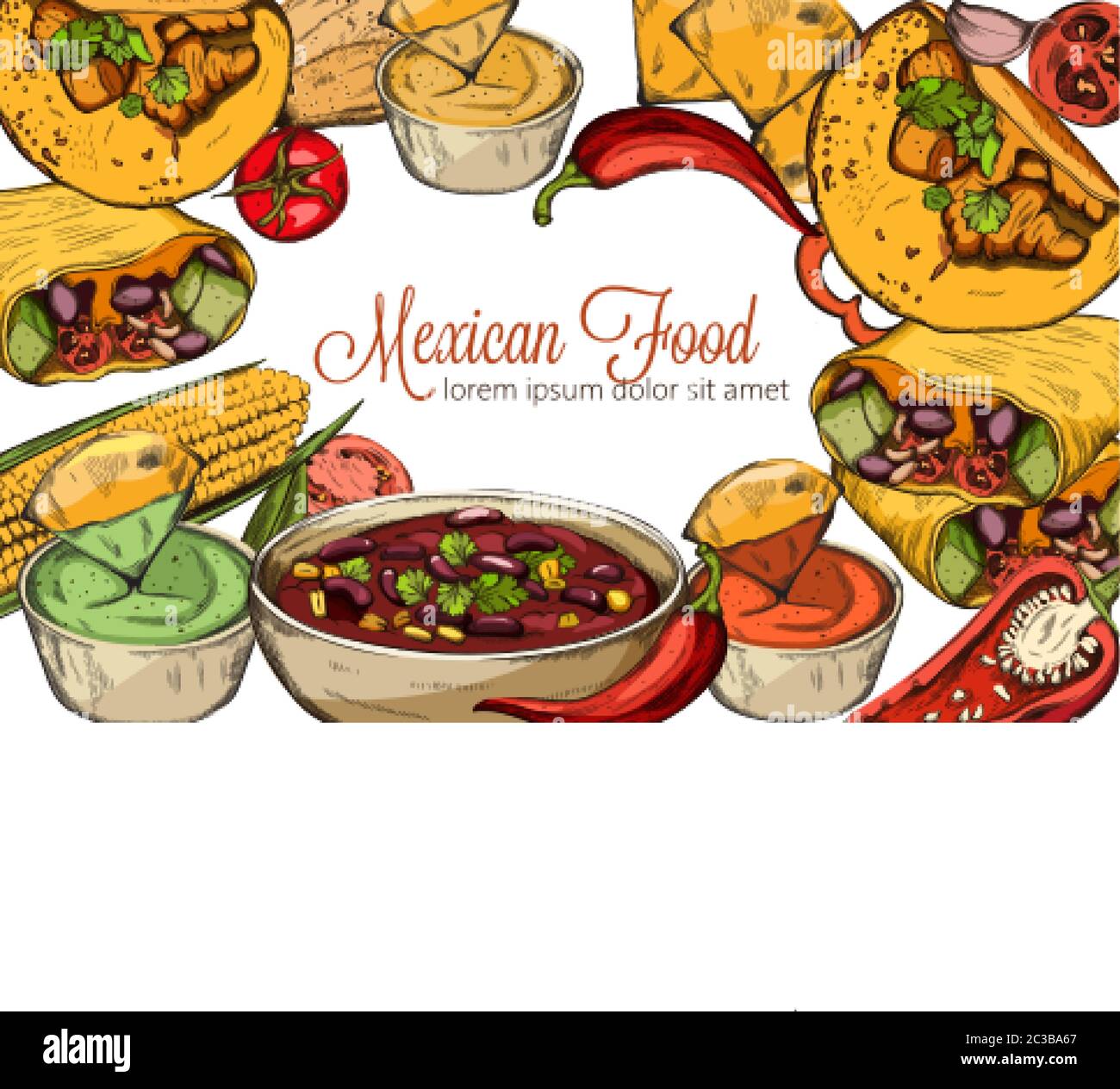 Mexican food line art composition with corn, hot pepper, taco and spicy ...