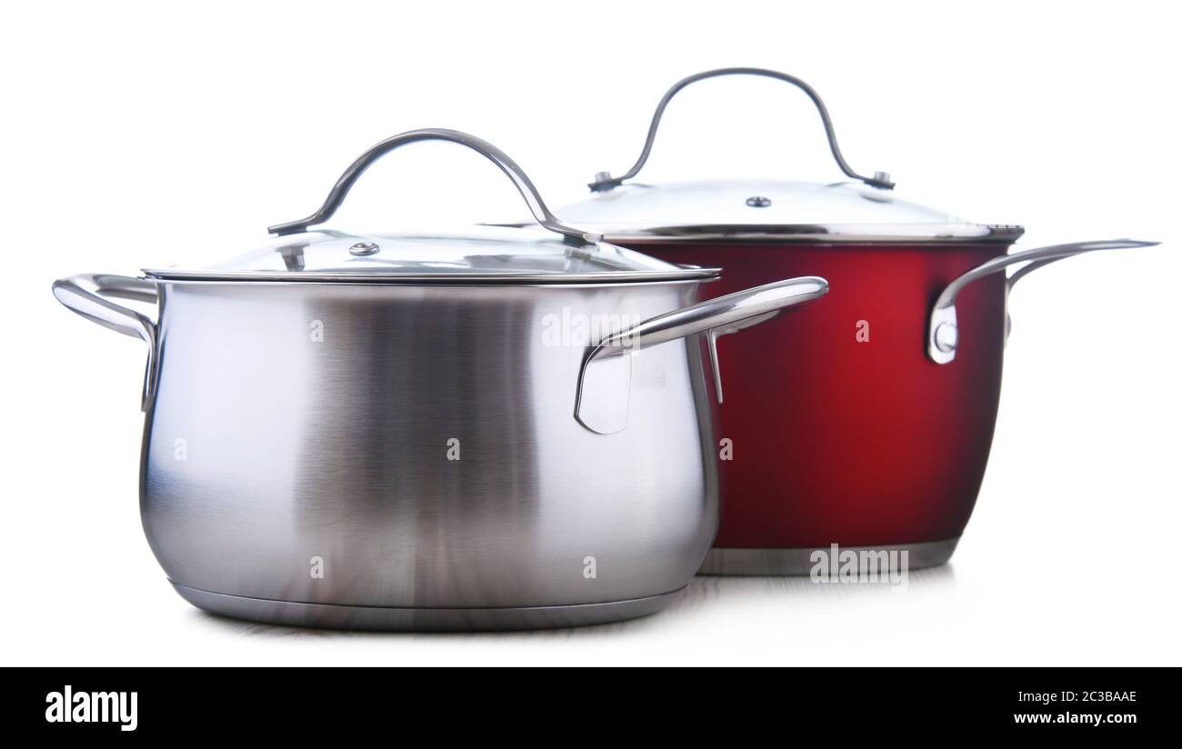 Two steel pots isolated on white background Stock Photo - Alamy