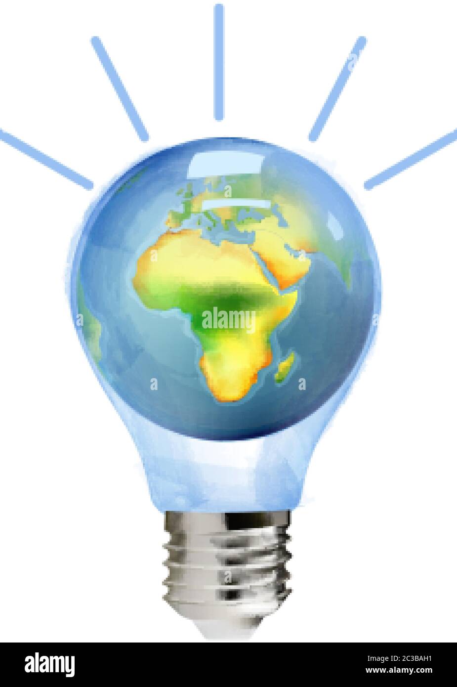 Planet earth inside a glowing light bulb. Africa continent. Watercolor ...