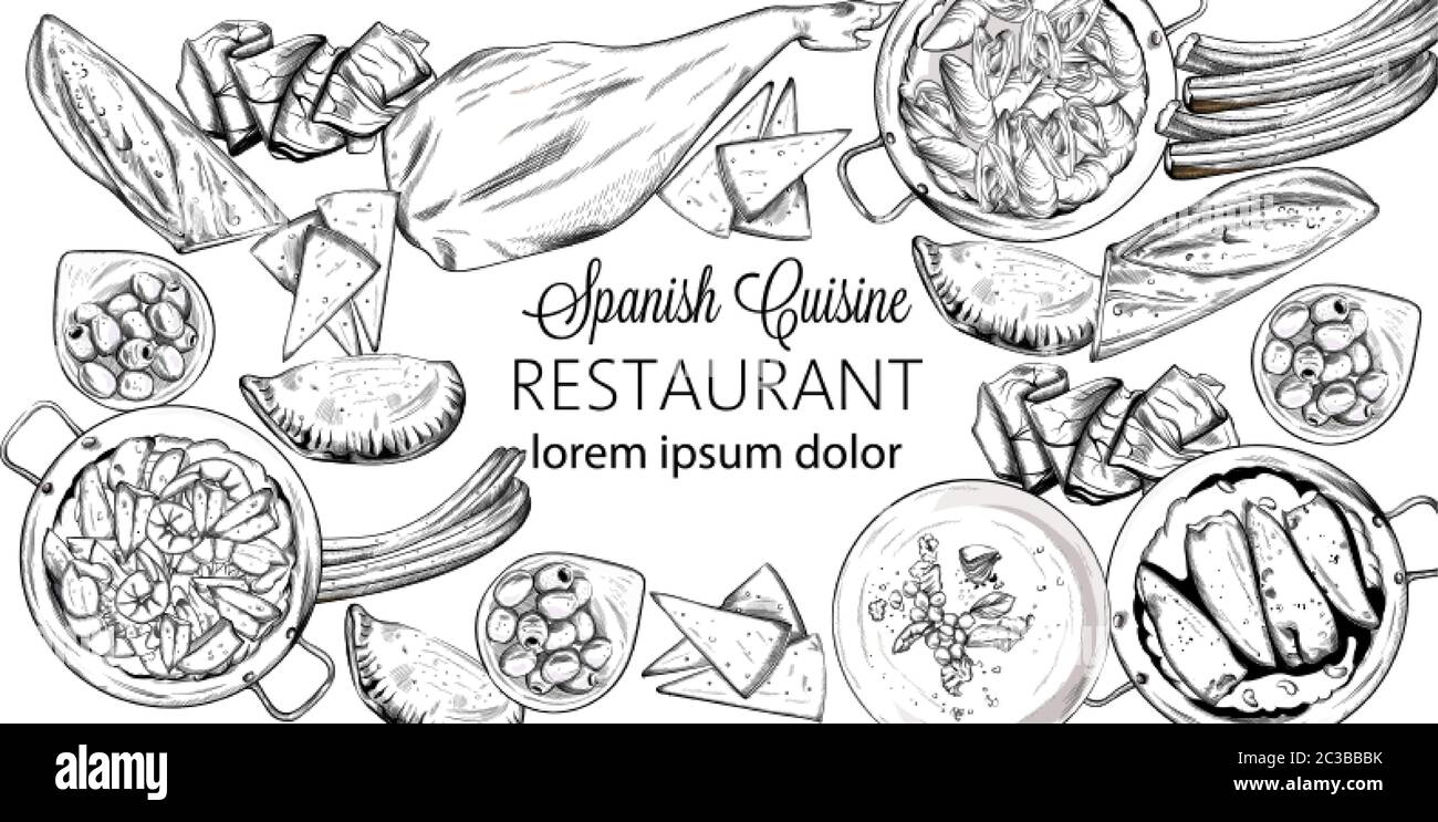 Vector set of spanish national food. Mussels, jamon bone, baguette ...
