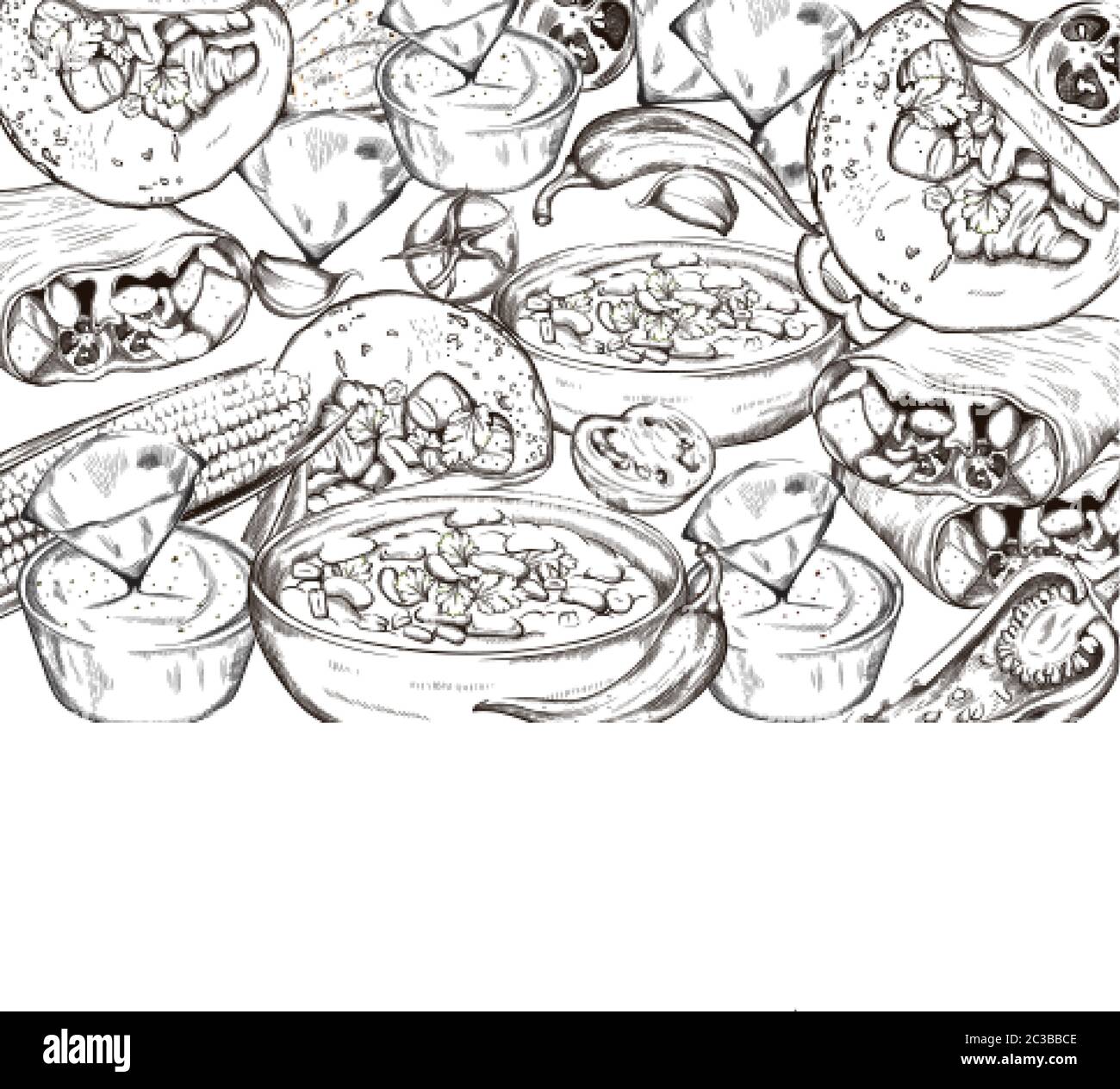 Mexican food line art composition with corn, hot pepper, taco and spicy ...