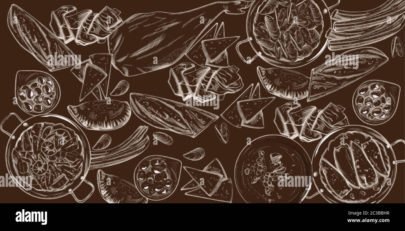 Vector set of spanish national food. Mussels, jamon bone, baguette ...