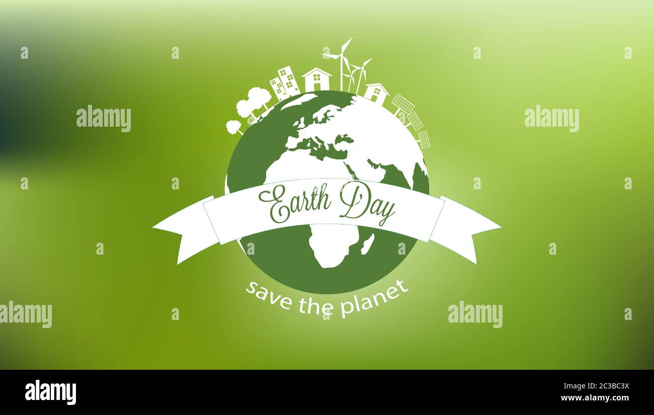 Earth day green planet with solar panels, trees and eolian windmills ...