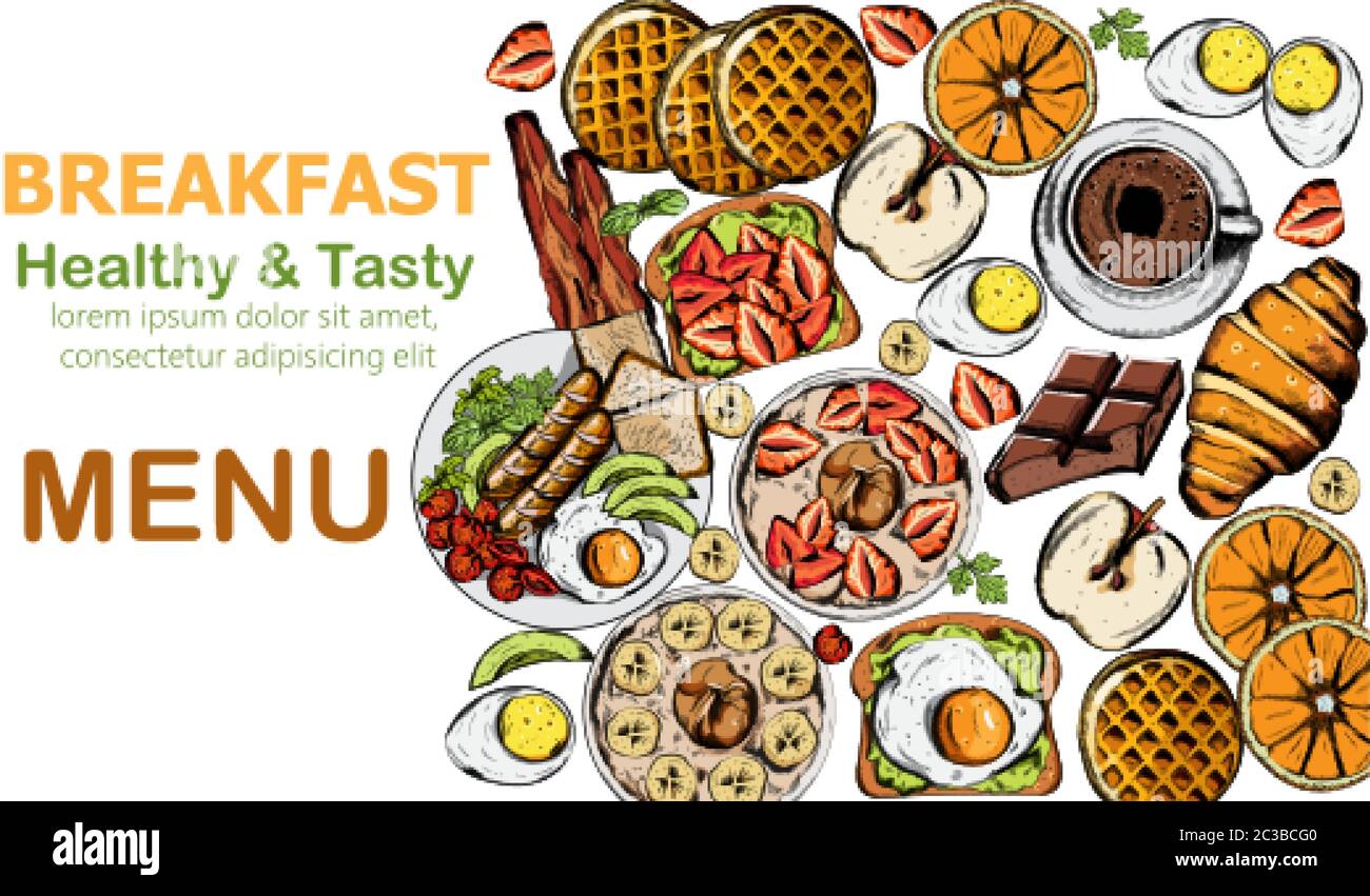 Healthy and tasty breakfast set with multiple food and drinks. Coffee ...