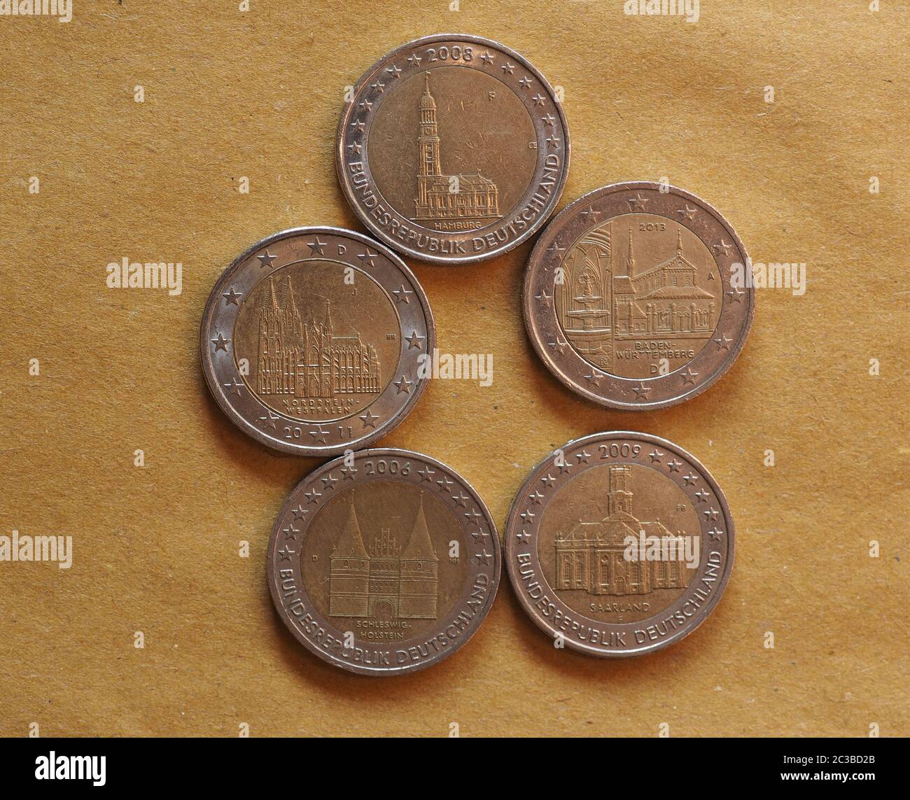 German Two Euro coins money (EUR), currency of European Union Stock ...