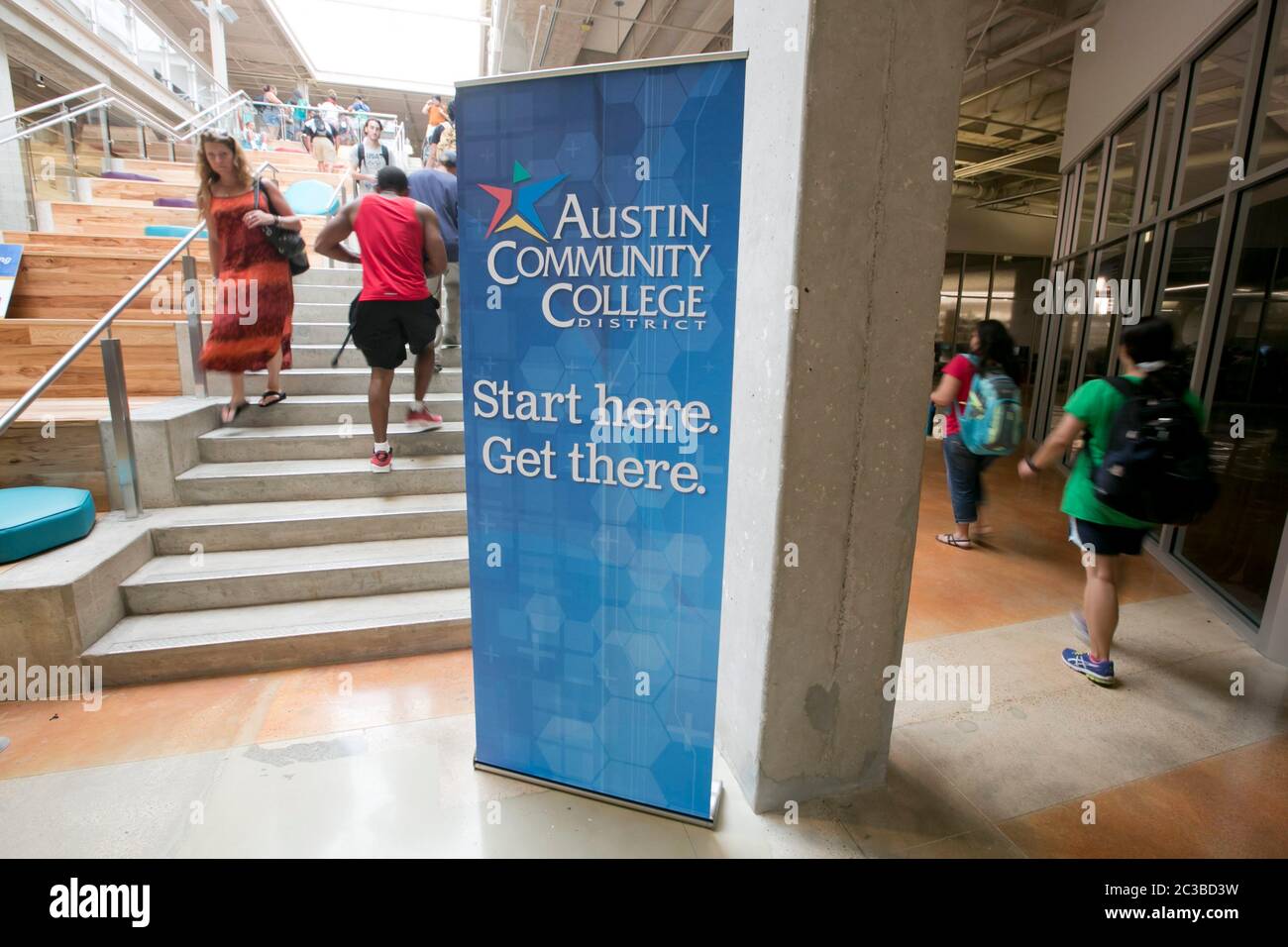 Austin, Texas USA, August 27, 2014: Students walk up and down stairs in ...