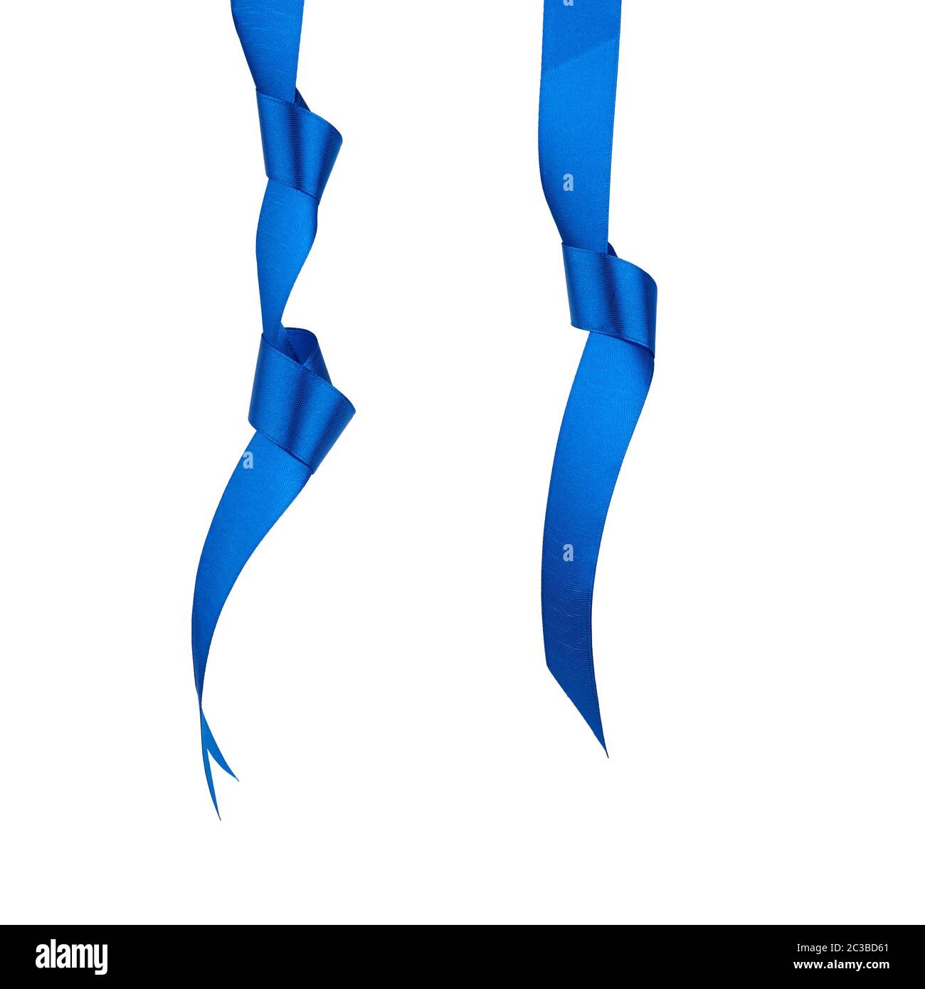 dark blue silk ribbon hanging with a knotted and isolated on a white ...