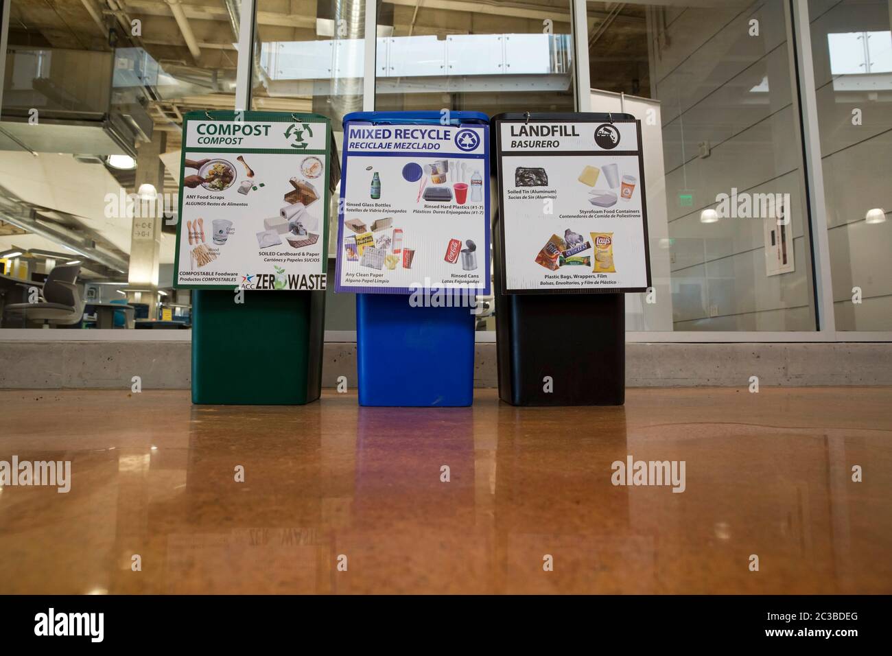 Austin, Texas USA, August 27, 2014: Bilingual recycling bins, with ...