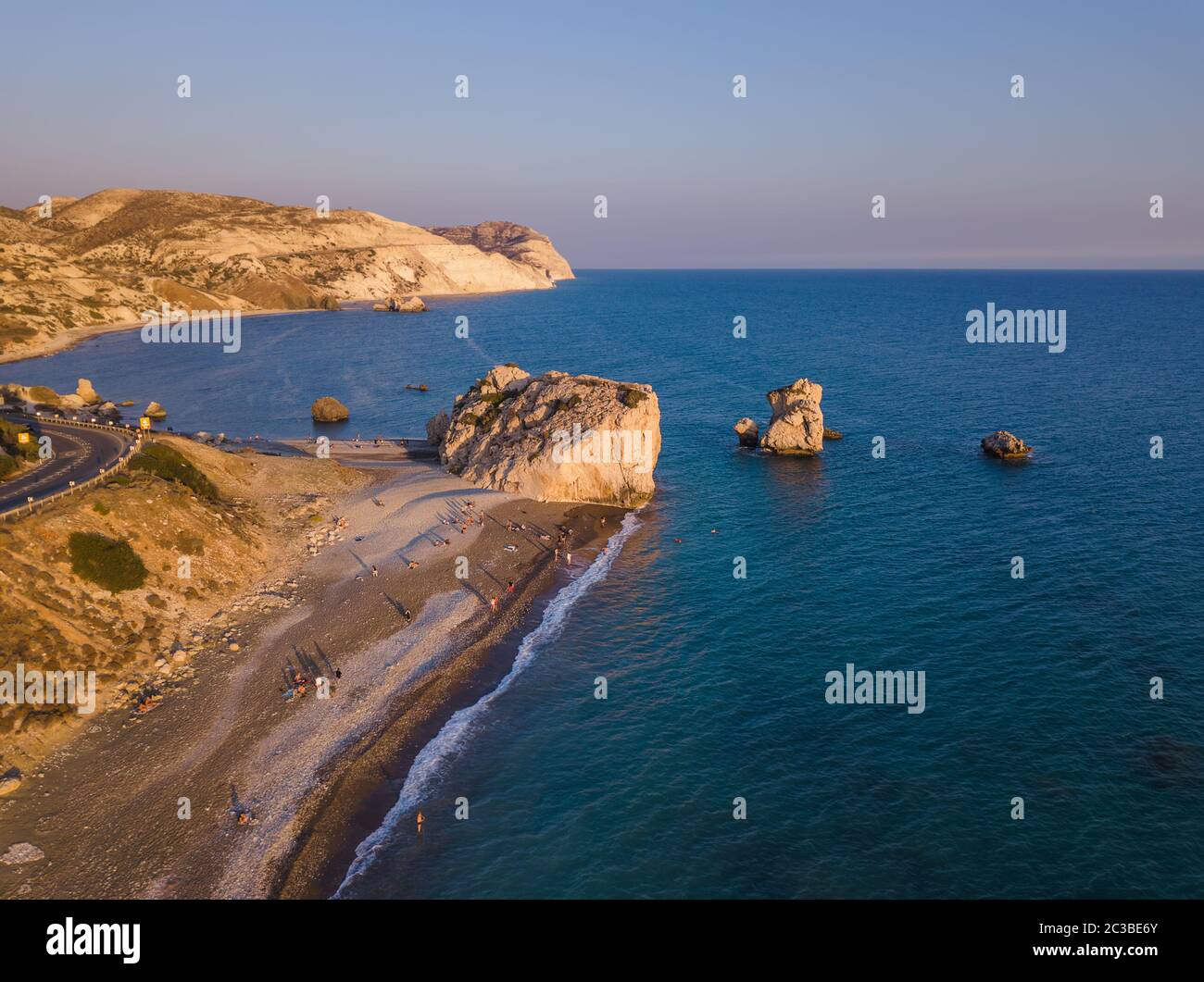 Aphrodite rock at sunset on Paphos Cyprus - aerial view Stock Photo - Alamy