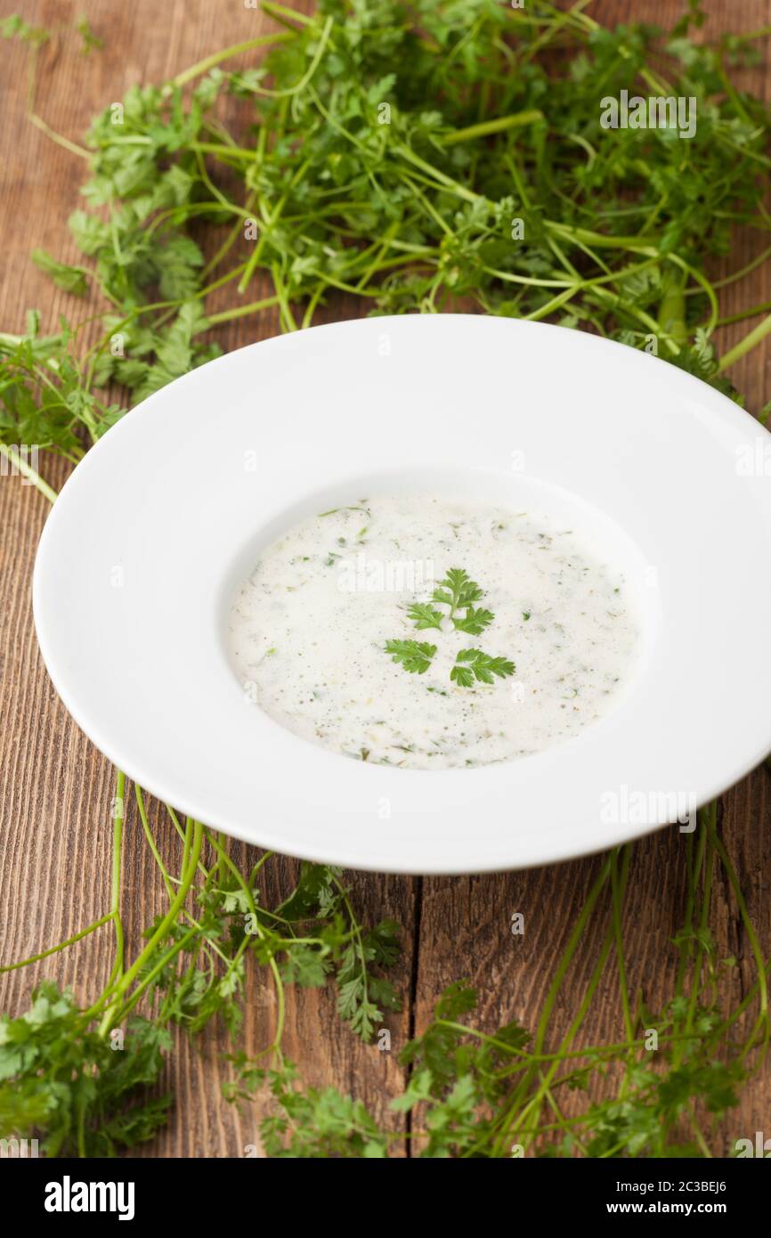 fresh chervil soup in a bowl on wood Stock Photo - Alamy