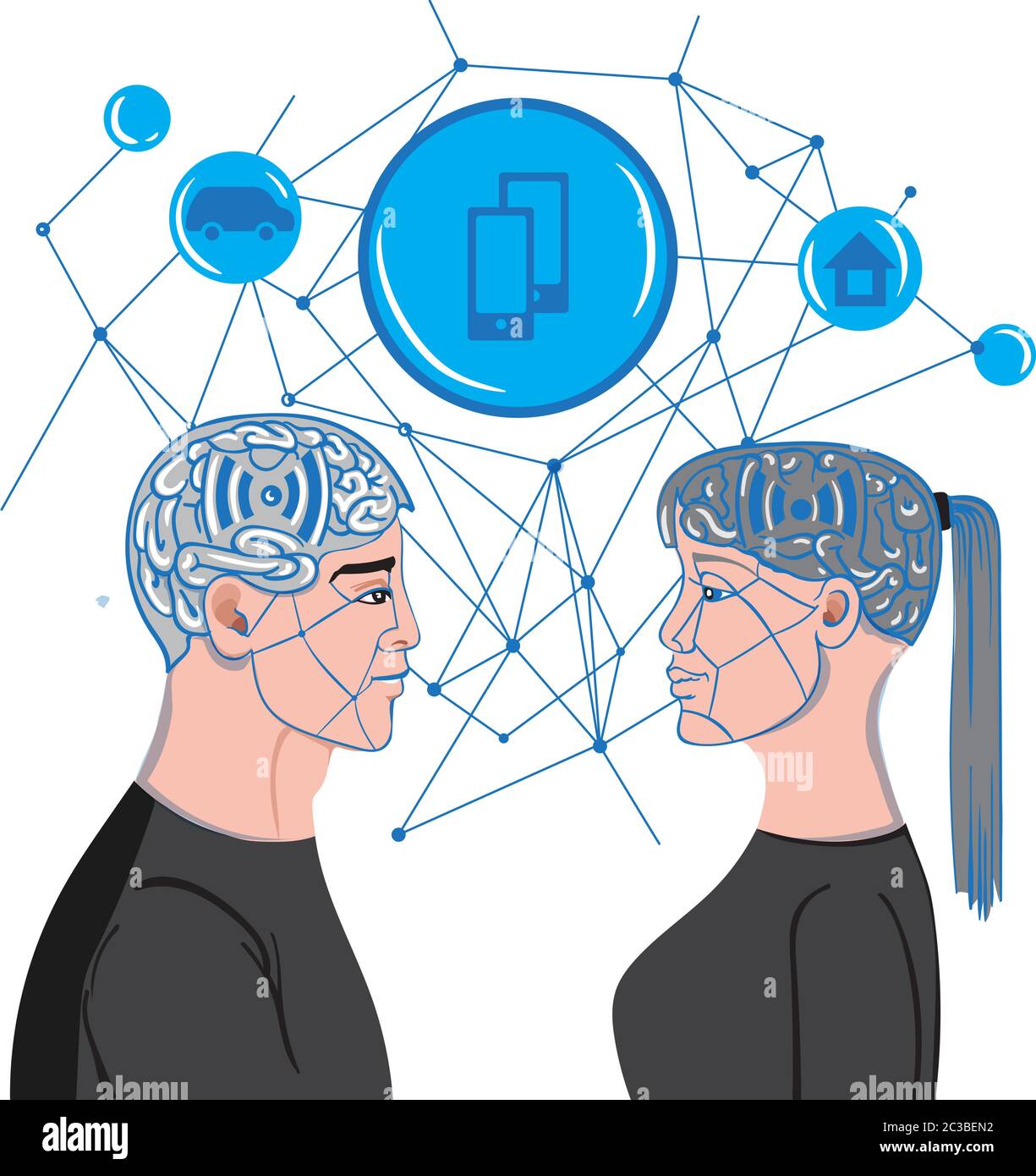 Man and woman brains making virtual mesh connections while looking at ...