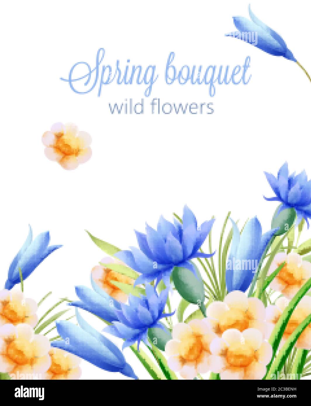 Spring watercolor bouquet of wild yellow and blue flowers. Vector Stock ...
