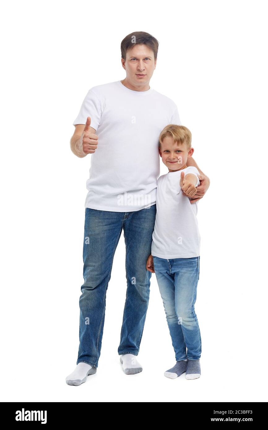 Friendly family. Young man with child stands isolated on a white ...