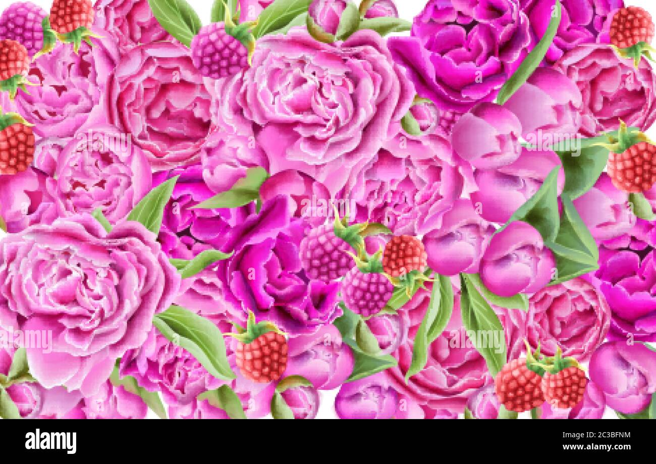 Watercolor raspberry and bright pink roses composition with green ...
