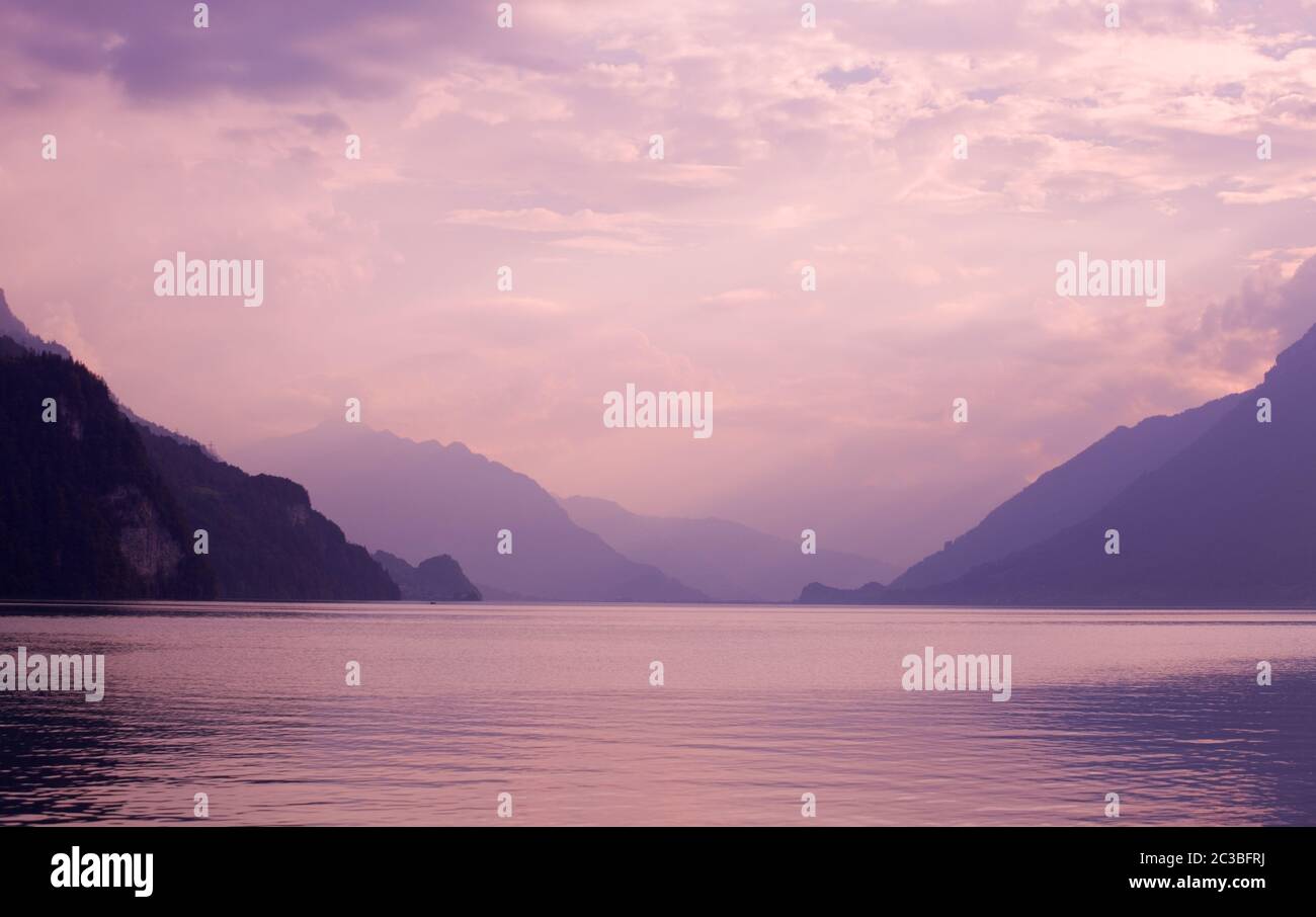 swiss lake at sunset in brienz, Switzerland Stock Photo - Alamy