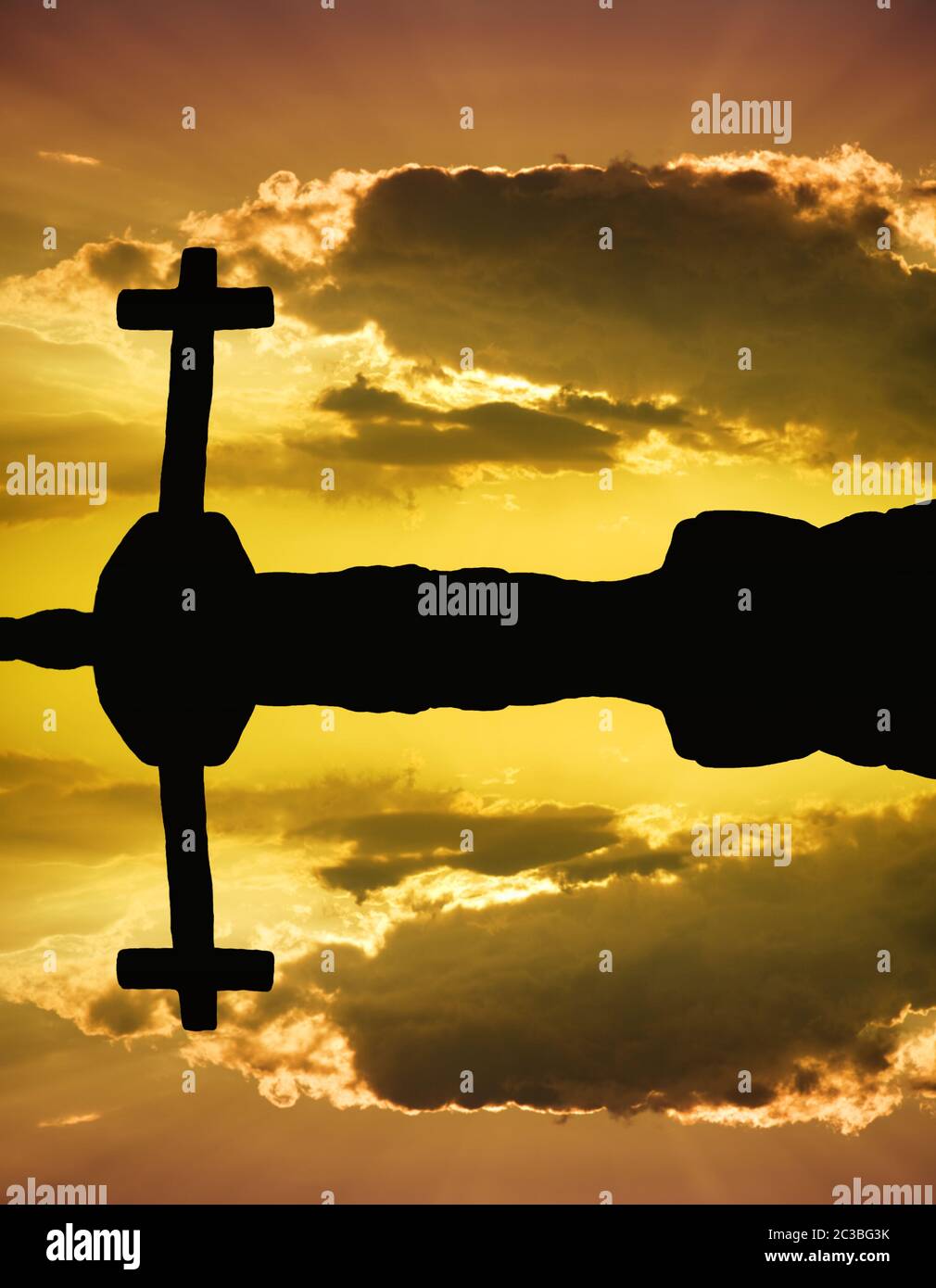 cross silhouette at the sunset, digital water reflection Stock Photo ...