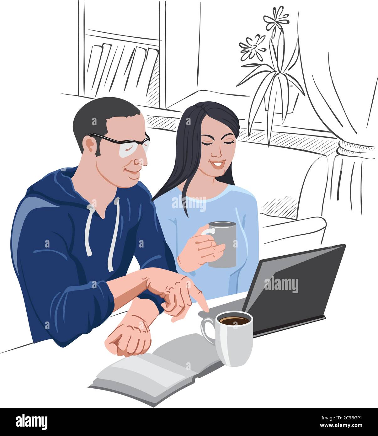 Man and woman watching at the laptop, while drinking a cup of coffee ...
