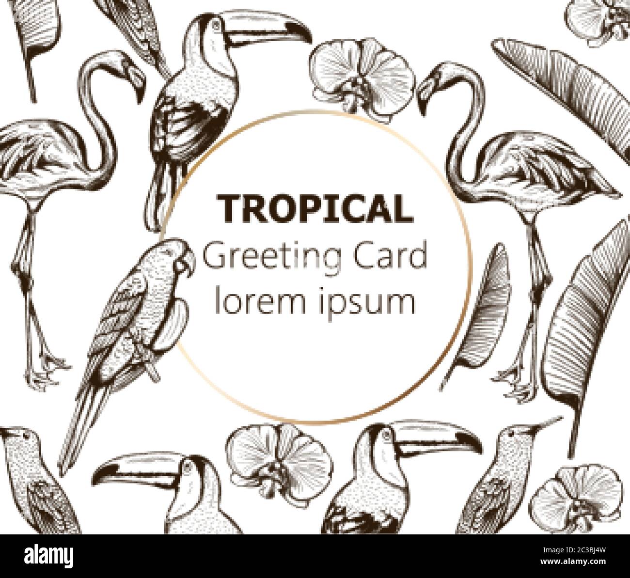 Line art composition of tropical animals and leaves. Flamingo, tucano ...