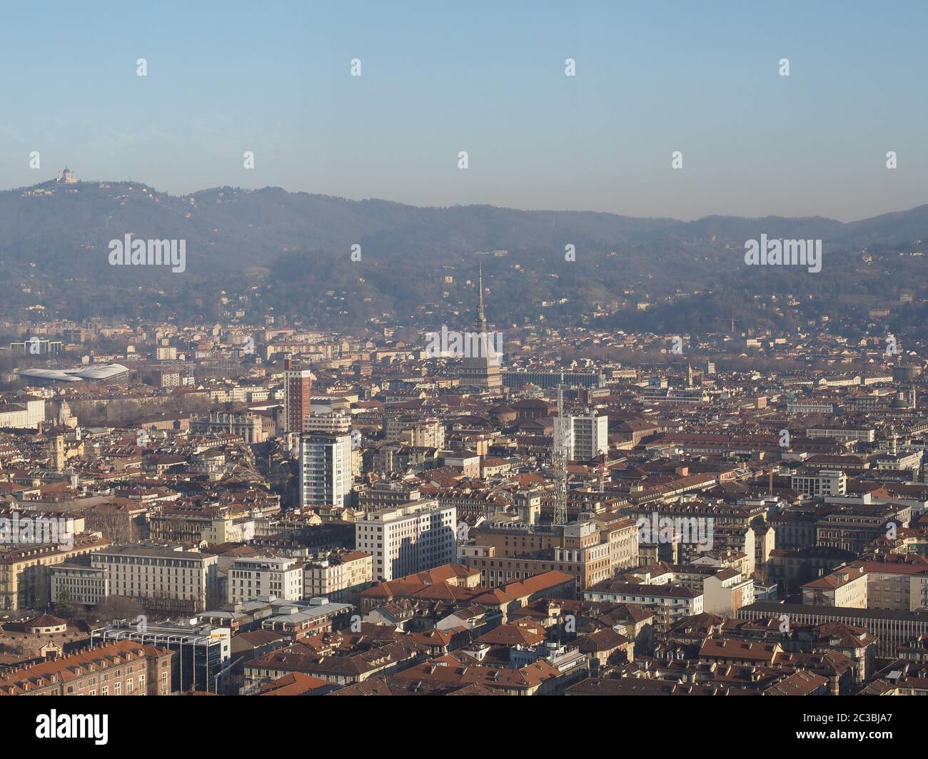Aerial view of the city of Turin, Italy with Piazza Castello square ...