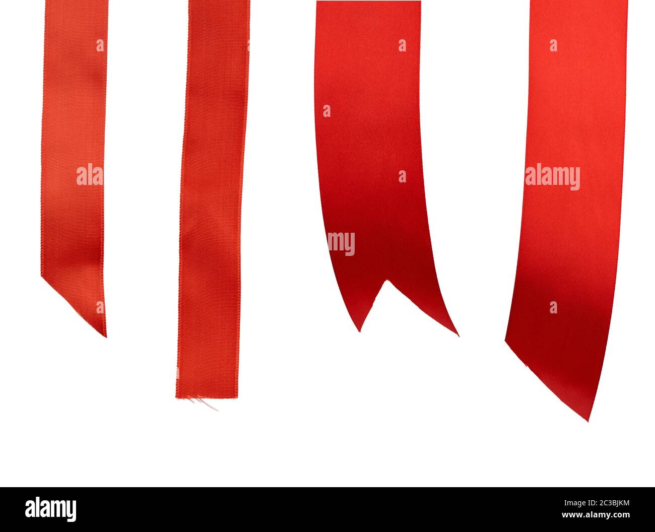 different ends of red silk ribbon isolated on white background, close ...