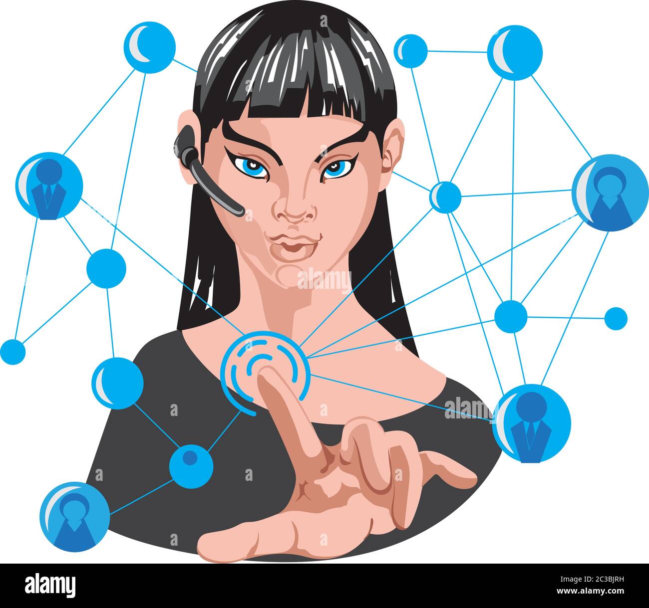 Woman making internet connection around her using one finger. 5G ...