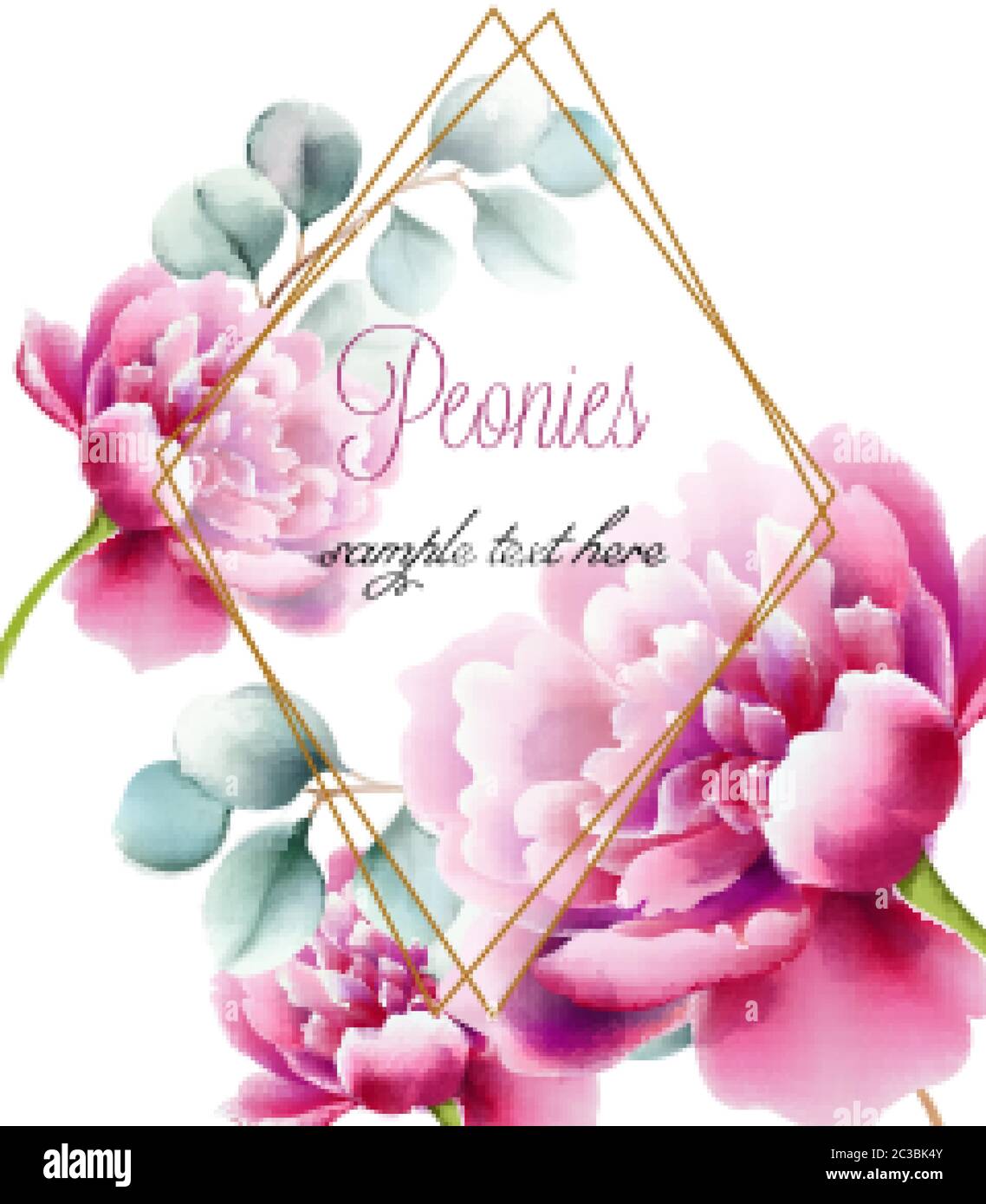 Greeting card with pink peonies flowers and twigs. Place for text in ...