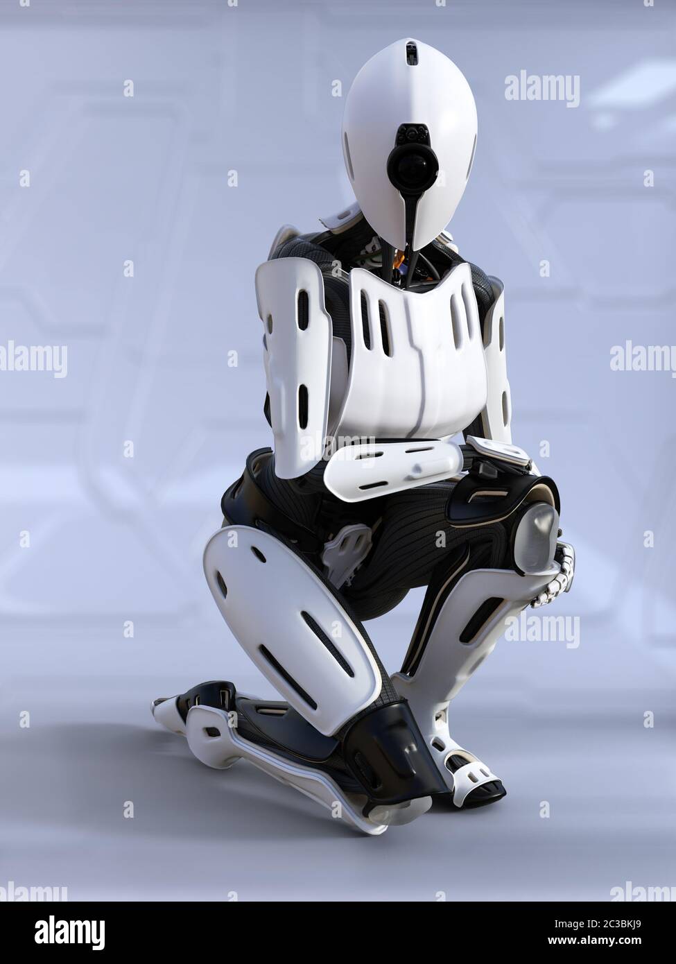 3D rendering of a female android robot sitting down crouching ...