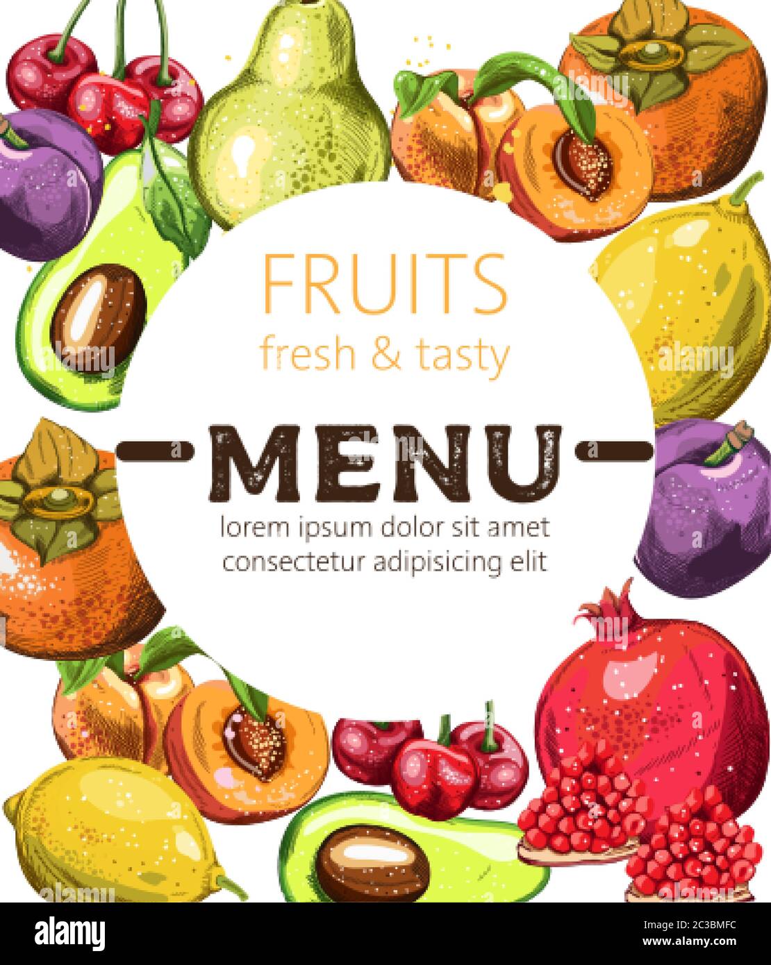 Fresh and tasty fruits menu template with place for text. Avocado ...