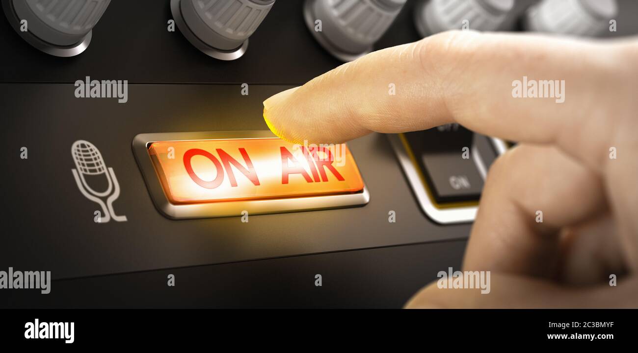 Finger pressing a button to activate an on air sign. Composite image ...