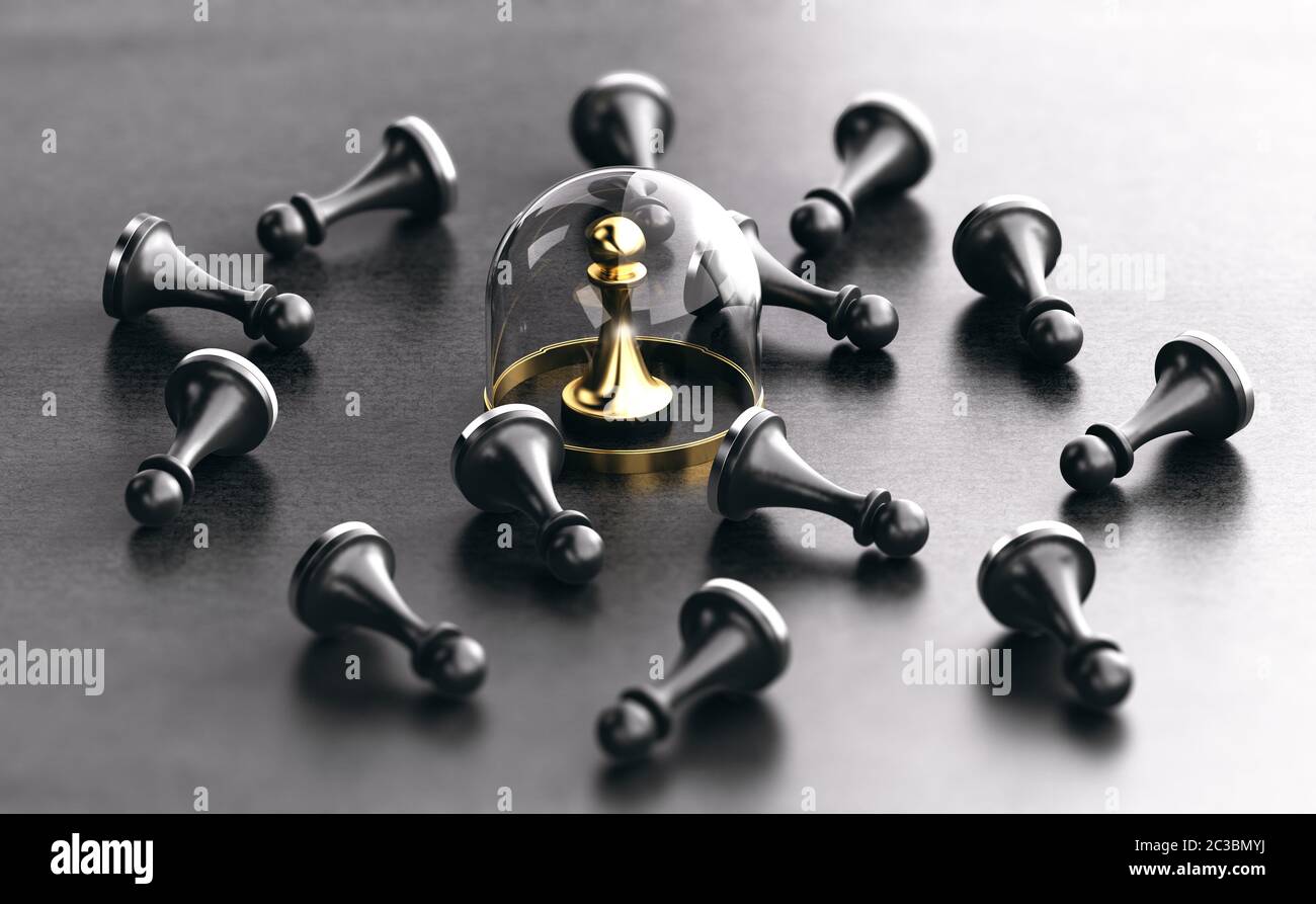 3D illustration of black pawns fallen on floor and a golden one ...