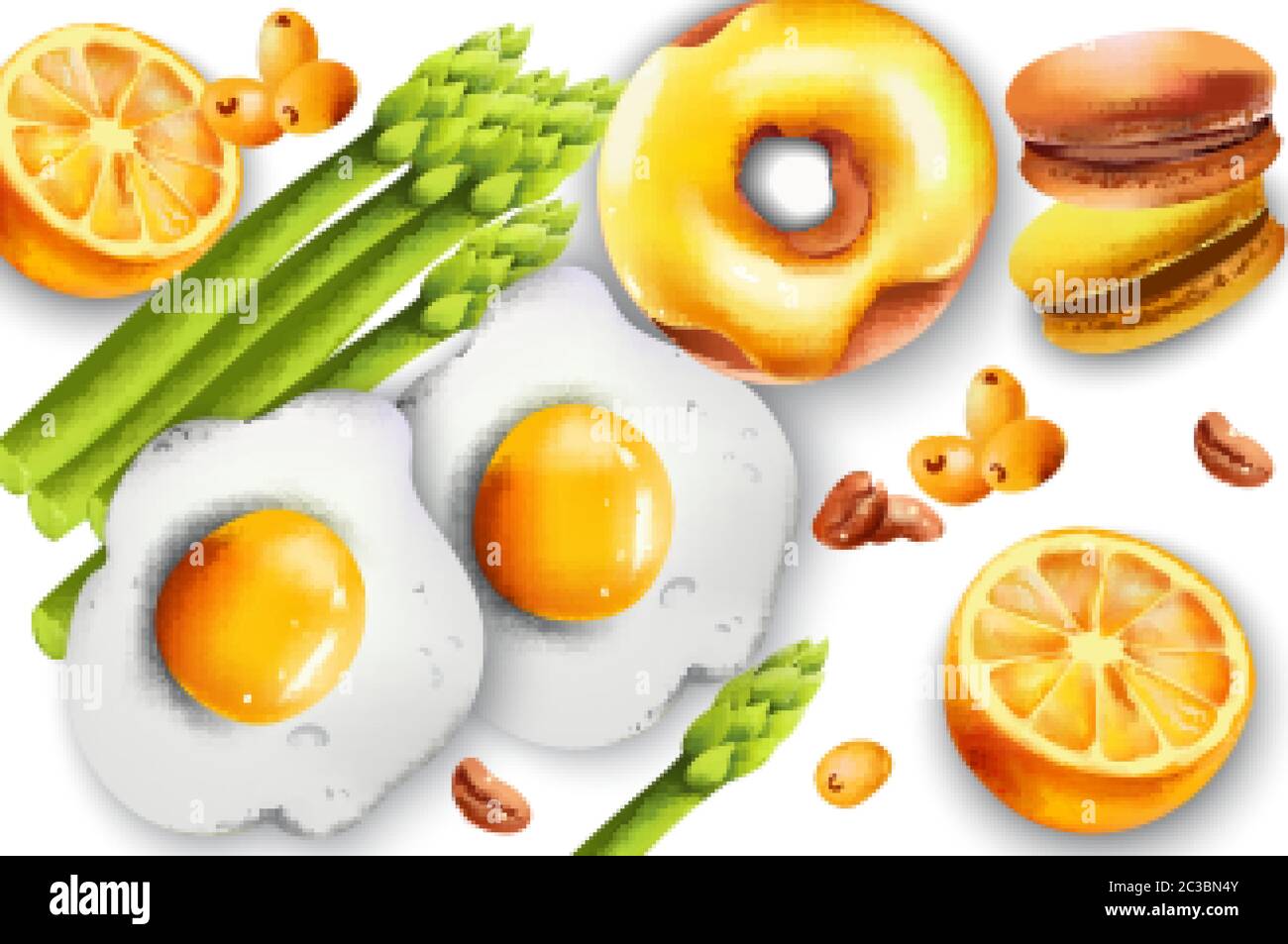 Food Composition with fried eggs, asparagus, donut, macarons, lemons ...