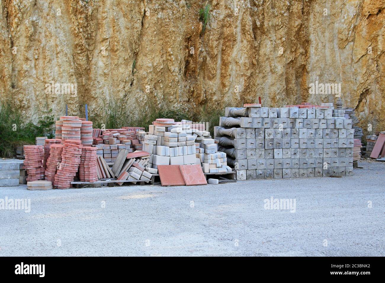 Concrete pillars and tiles material at construction site Stock Photo ...