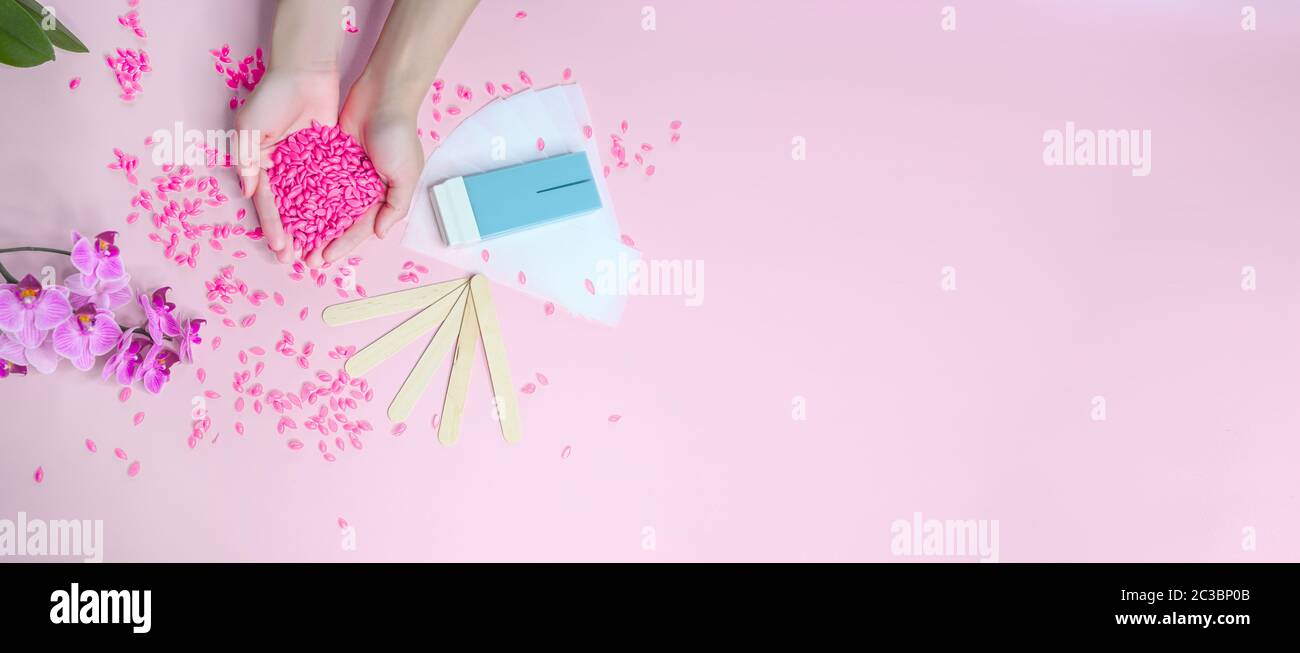 Set of depilation and beauty on pink background concept - sugar paste ...