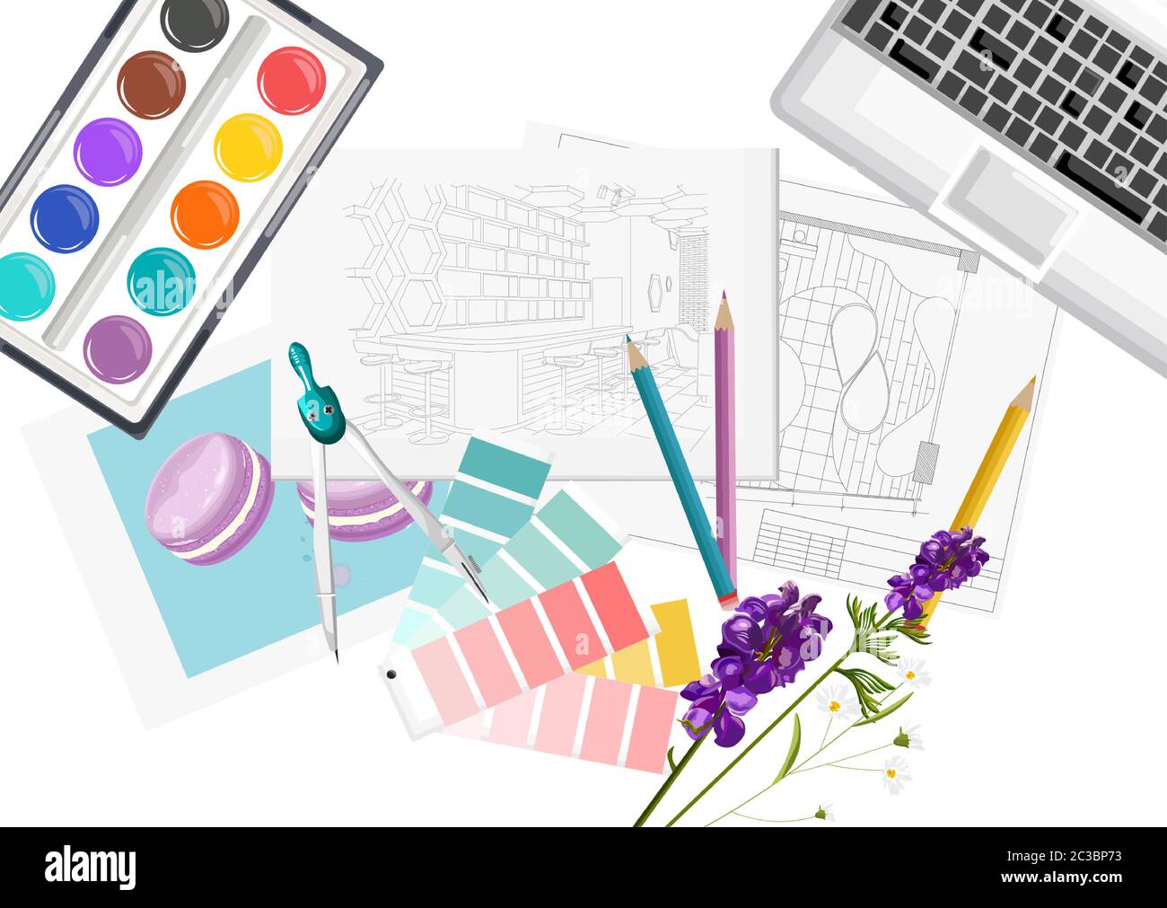 Interior designer desk with pantone color formula guide, keyboard ...