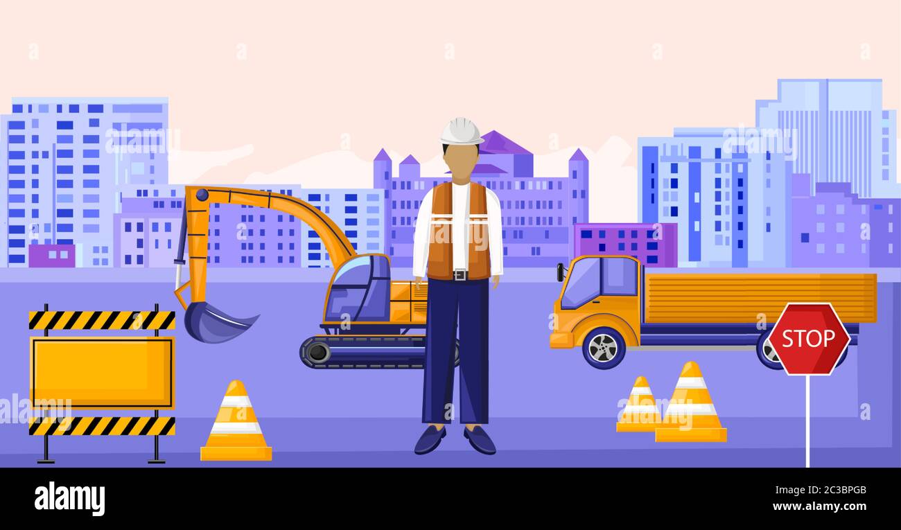 Construction worker sitting in front of vehicles. Yellow cones and ...