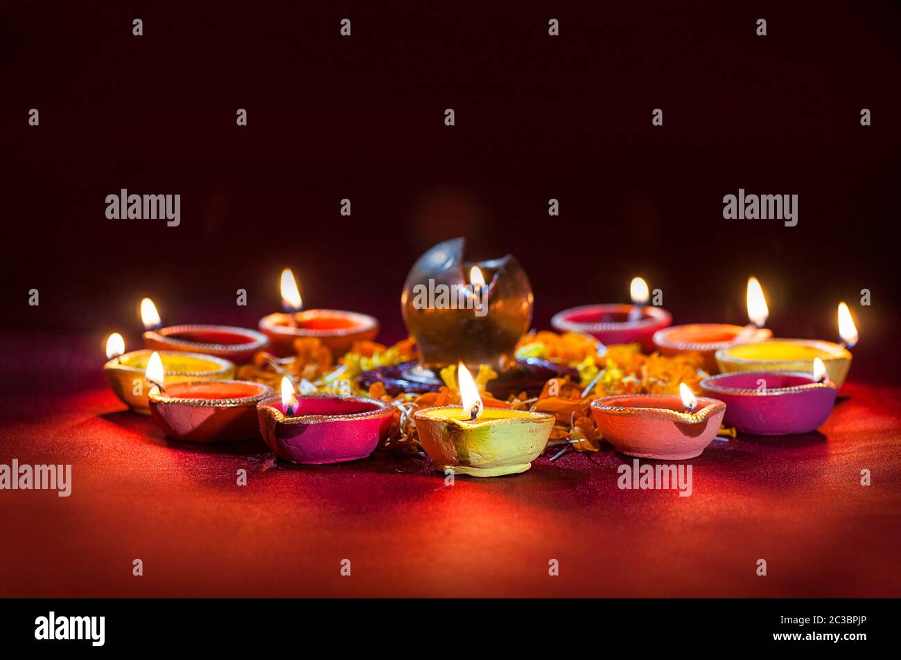 Clay diya lamps lit during Diwali Celebration. Greetings Card Design ...