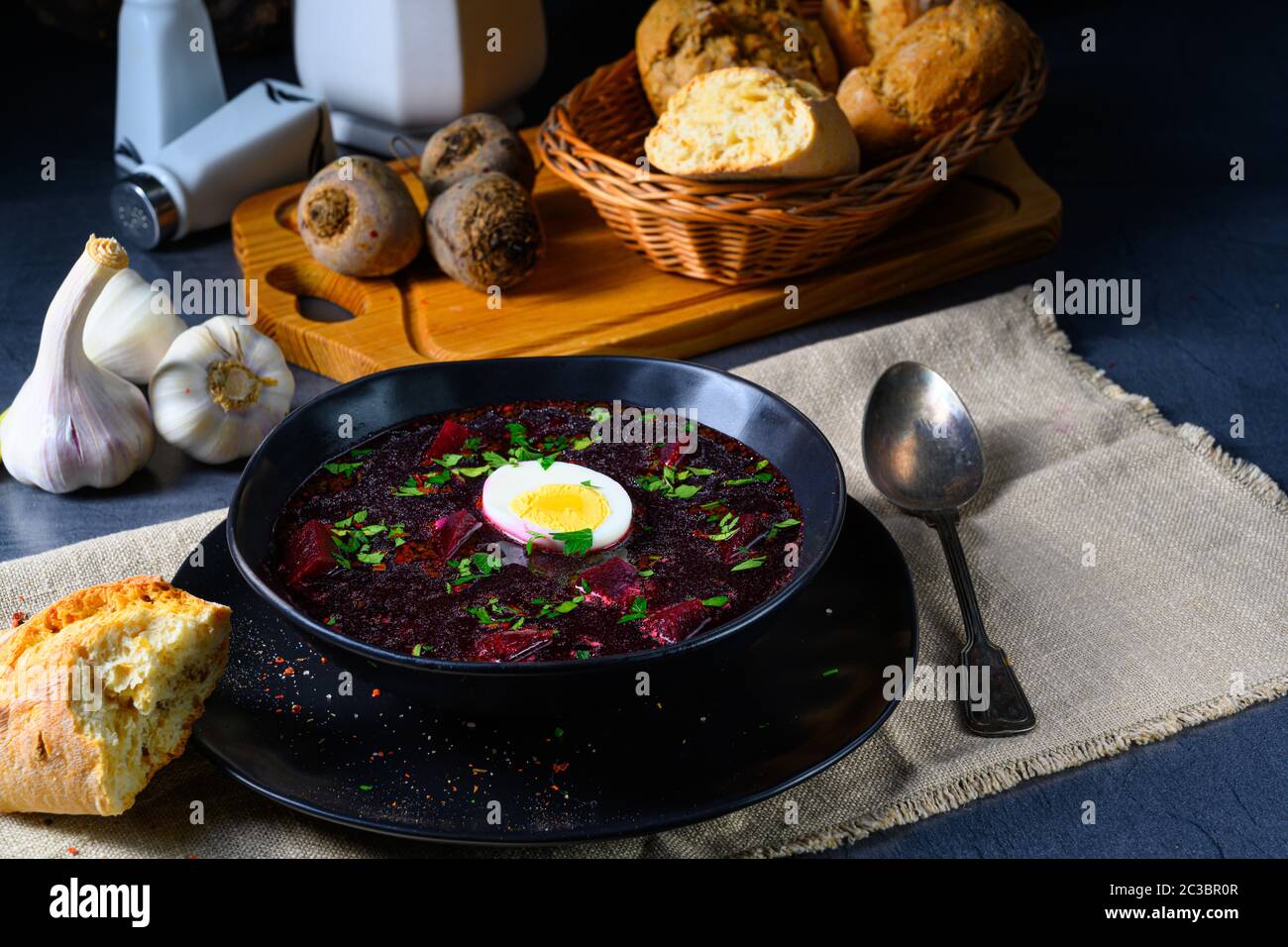 Delicious beetroot borscht with egg Stock Photo - Alamy