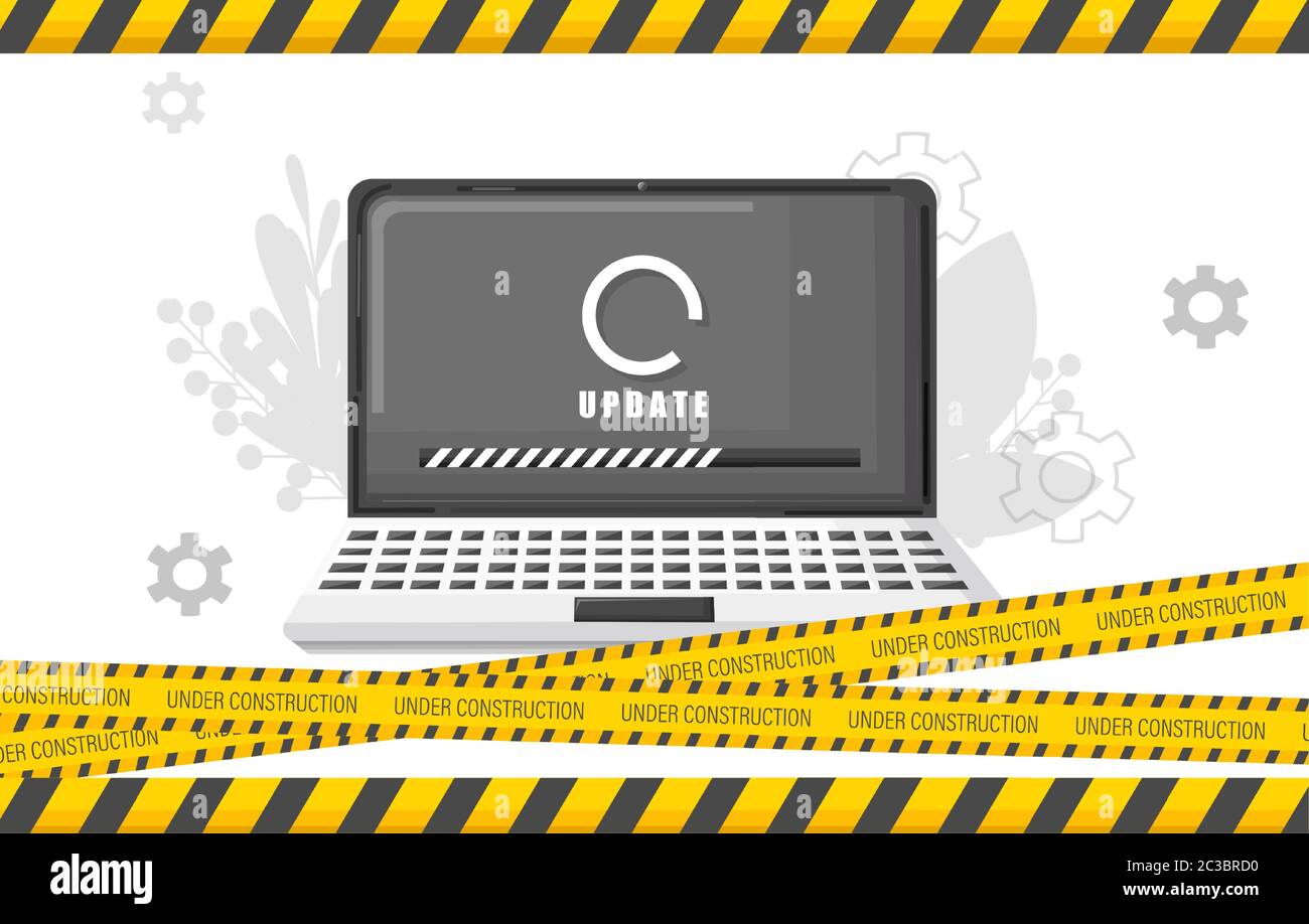 Laptop with software update progress bar in process on the screen. Under construction yellow ...
