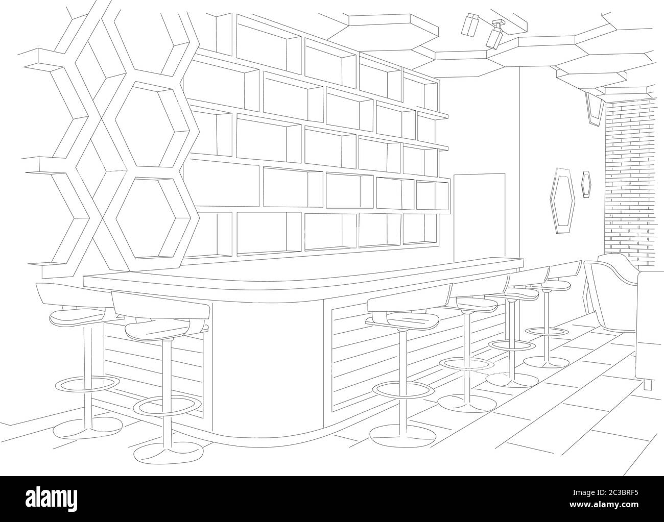 Outline sketch of a modern cafe with sofa and tables. Bar side. Vector ...