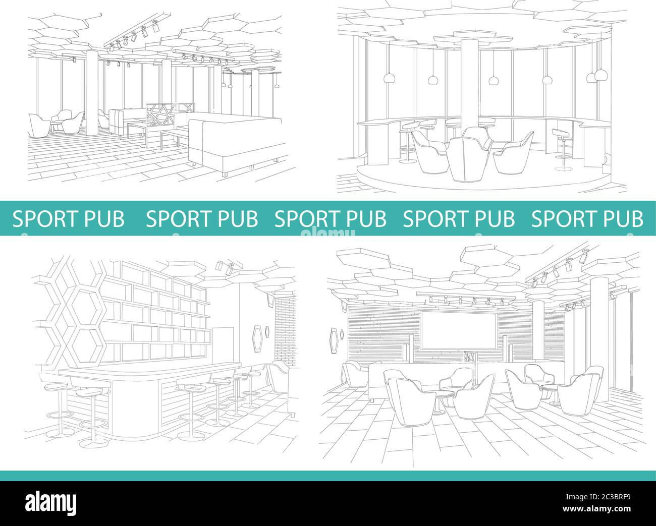 Outline sketch set of a modern sport pub with big chairs and tv on wall ...